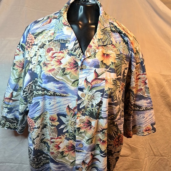 Shirts | New Century Blue Hawaiian Island Print Gold Flipper Cotton ...